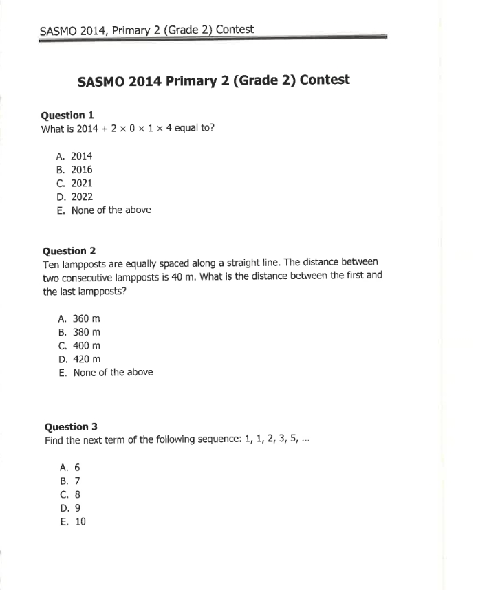 2014年SASMO新加坡数学竞赛G2真题